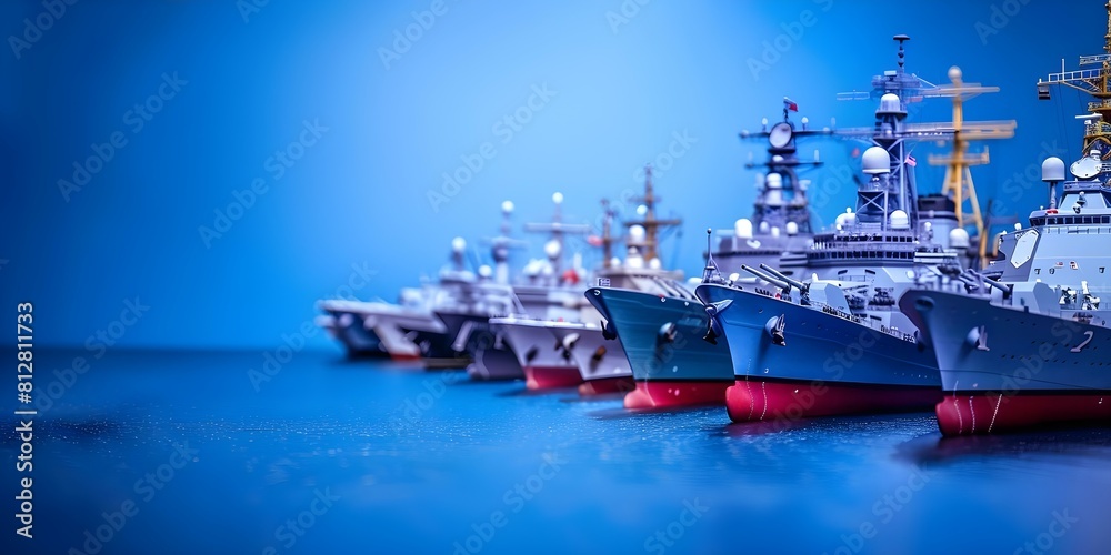 Blue background with various model ships representing naval and cargo ...