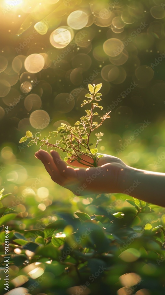 Care for nature: Hand holding a young tree in a vast field, symbolizing ...