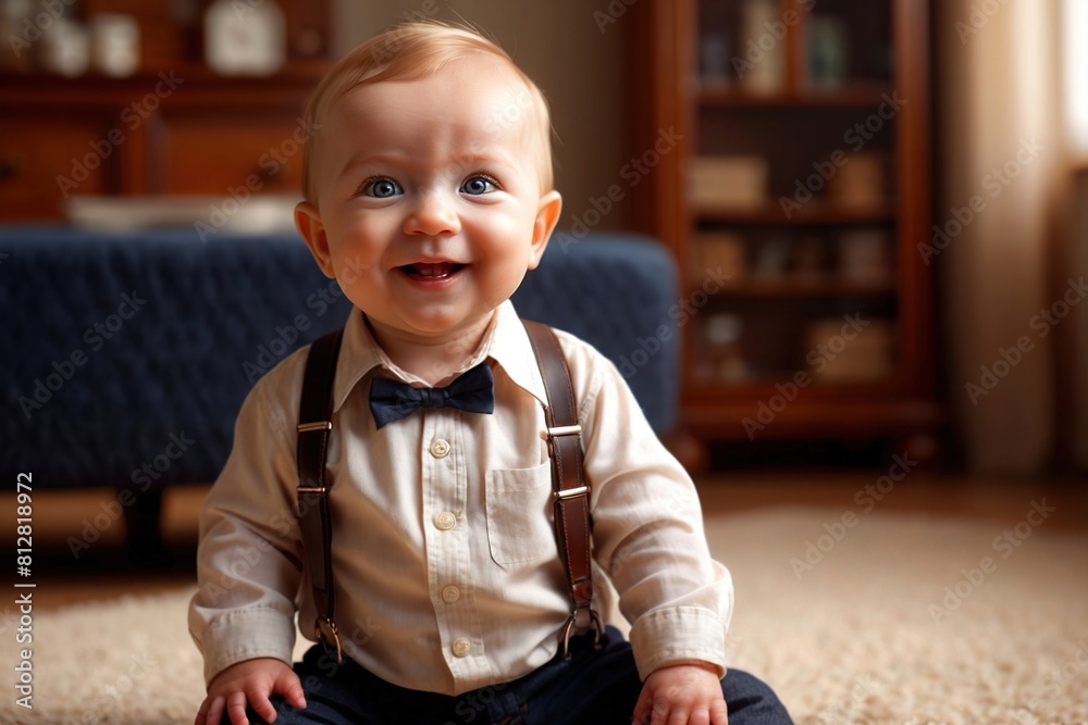 Smiling confident boss baby, young boy child dressed as a business man ...