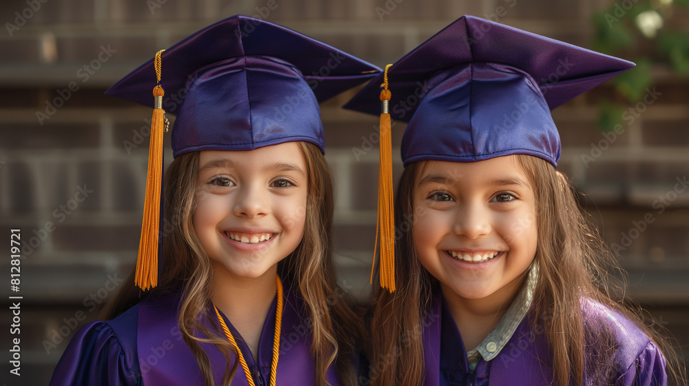 School graduation kids wearing caps and gowns on blurred background ...