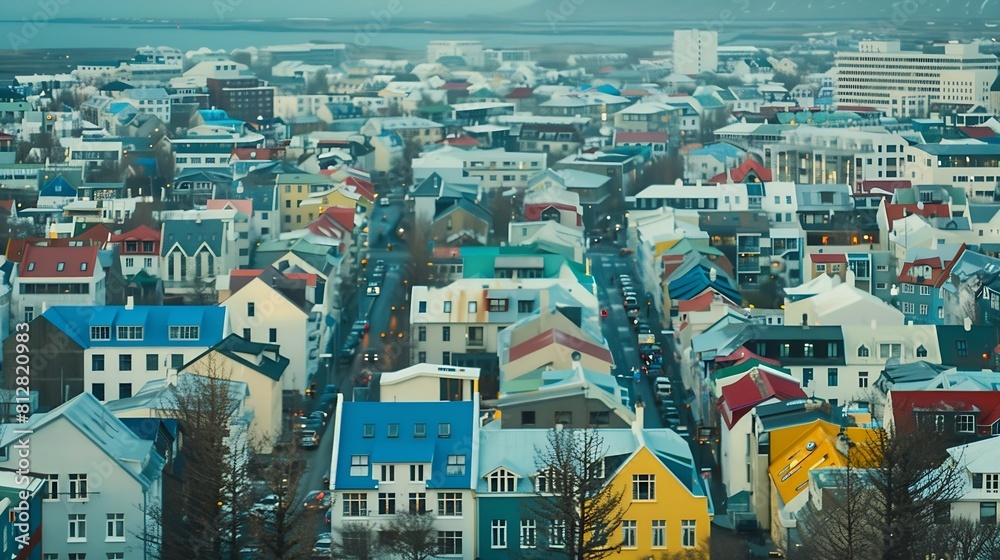 Elevated view of Reykjavik Iceland showcasing the colorful buildings ...