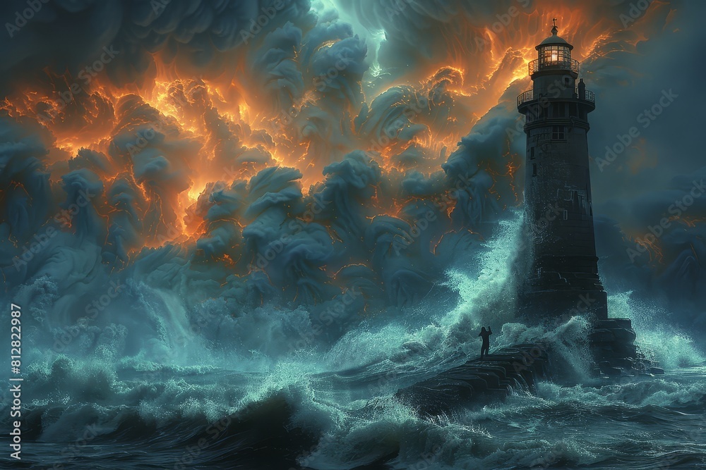 A tall lighthouse with two people at the top, in front of an ocean with ...