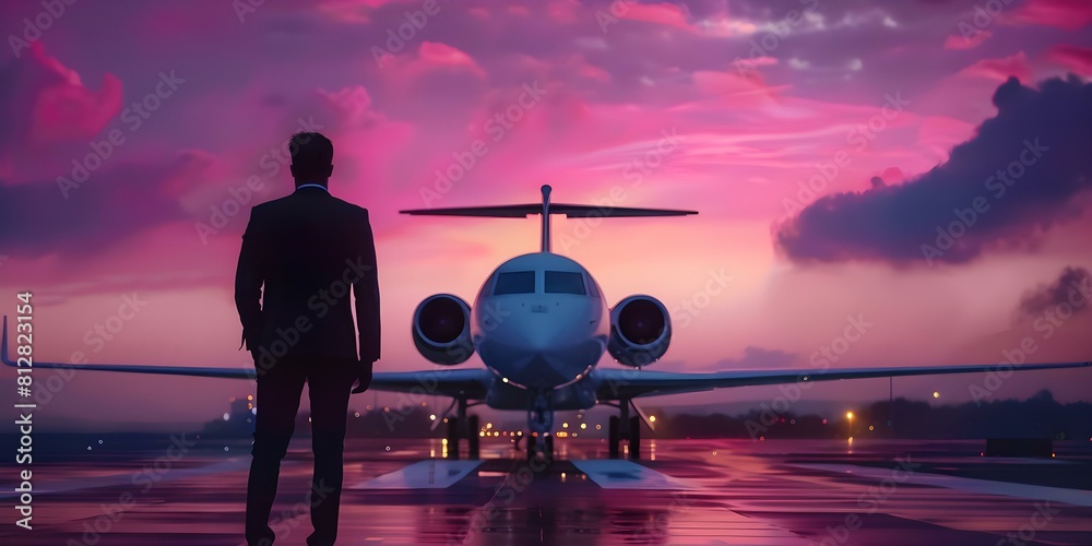 Affluent person in a suit standing on an airport runway in front of a ...