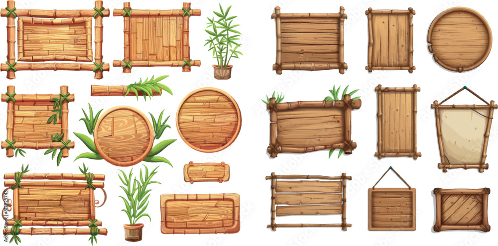 Wooden bamboo sign board frame game ui vector set Stock Vector | Adobe ...