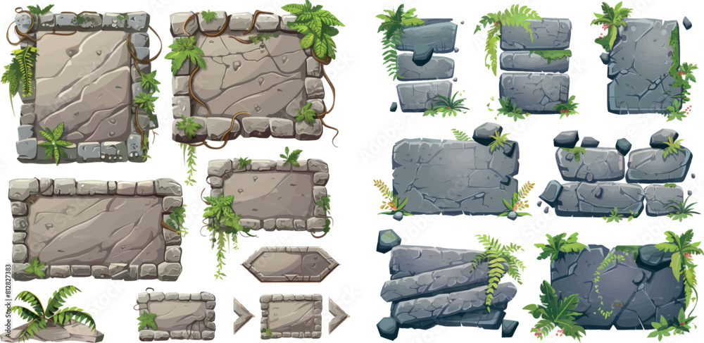 Stone game menu boards with vines. Tablets, buttons, cartoon interface ...