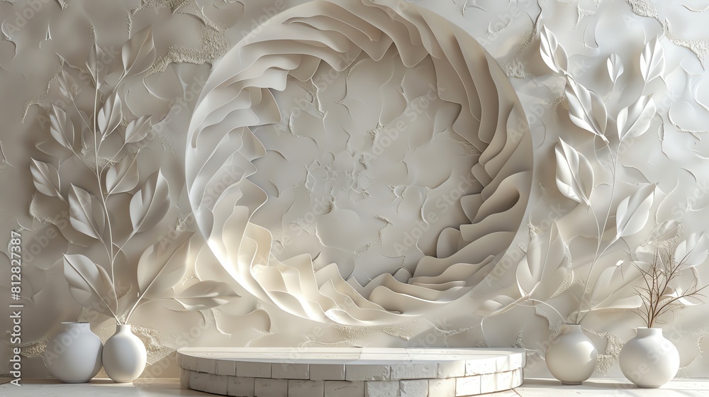 Artistic sculpture on a circular concrete podium in a room flooded with ...