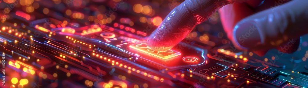 Surgeons finger hovering over a glowing surgical tool icon, side view ...