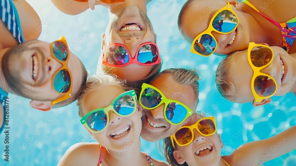 Happy big family having fun at the pool spending summer vacation ...