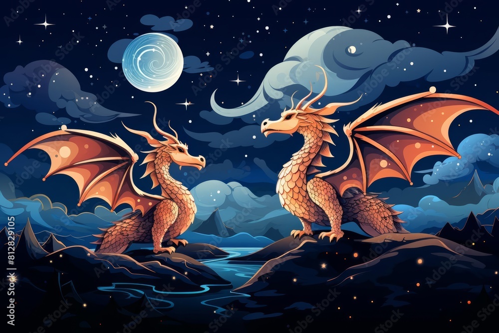Dragons flying under starry sky flat design side view celestial theme ...