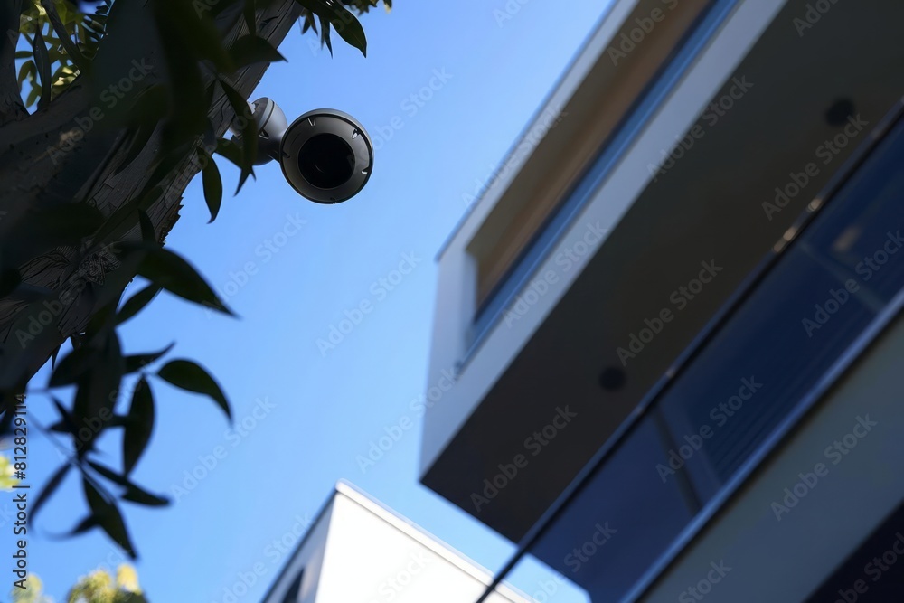 A security camera mounted on the front porch of a modern home with a ...