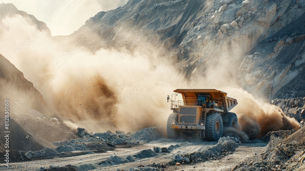 Construction machinery operating in a dusty, rocky landscape Stock ...