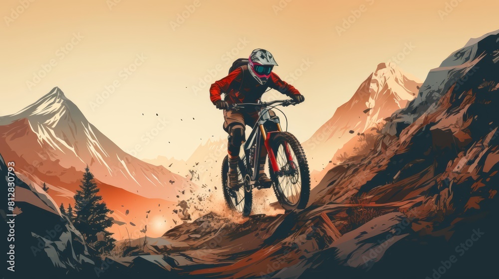 Mountain biking on rugged trails flat design side view adventure sport ...