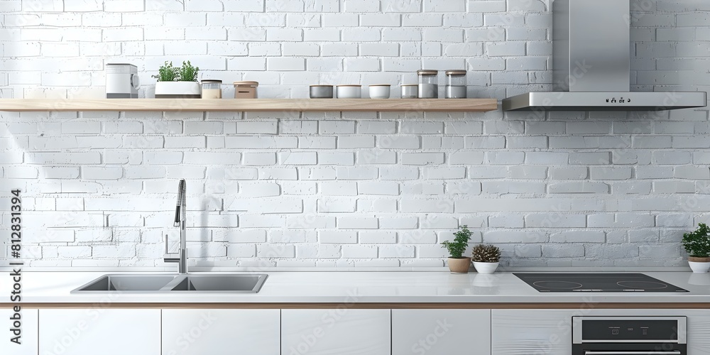 Mockup of modern kitchen with white brick walls and counters in close ...