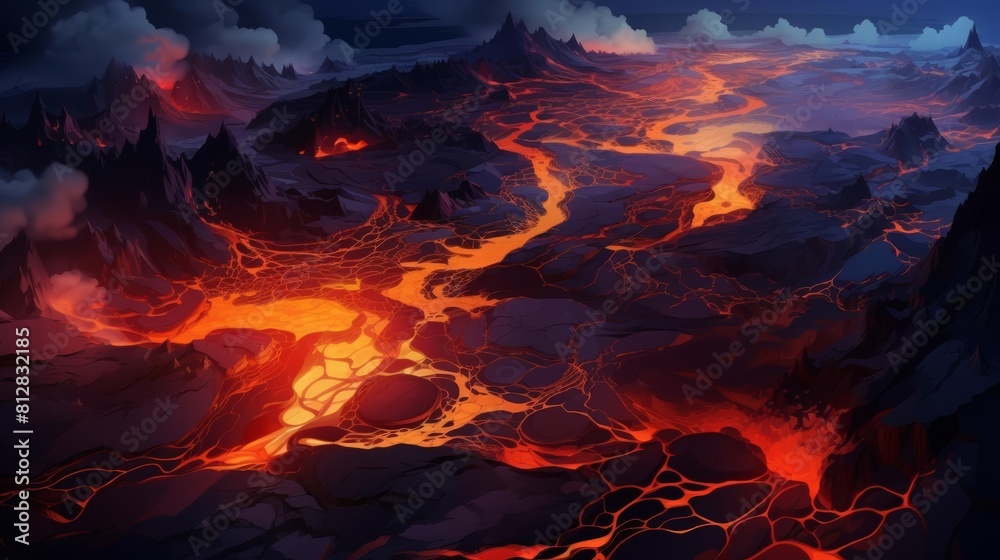 Volcanic eruption with flowing lava flat design top view geological ...