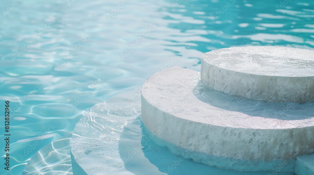 Stone podium stand in luxury blue pool water Summer background of ...