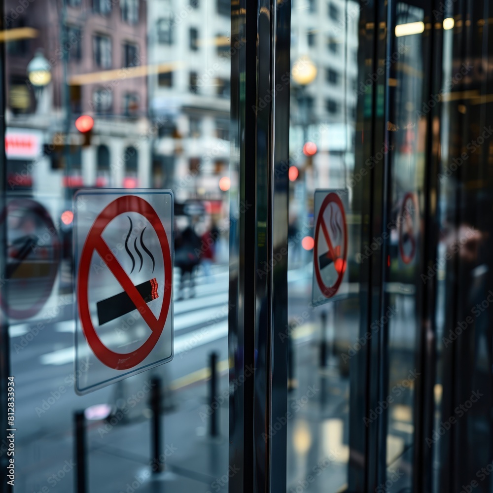 No Smoking signs on glass doors, captured up close with reflections of ...