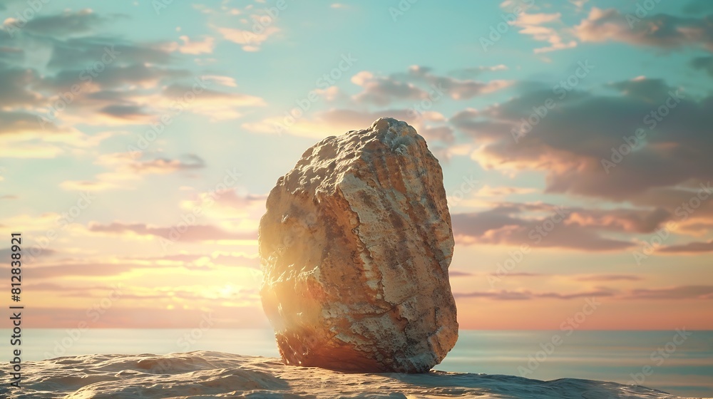 Rock stone stage in nature with sea beach seashore landscape and sunset ...