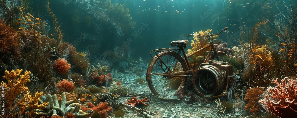 Sunken Treasures Create a scene around sunken objects like a bicycle ...