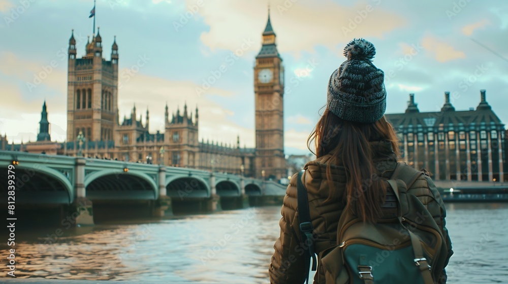 Tourism in London Back view of traveler girl enjoying sight of ...