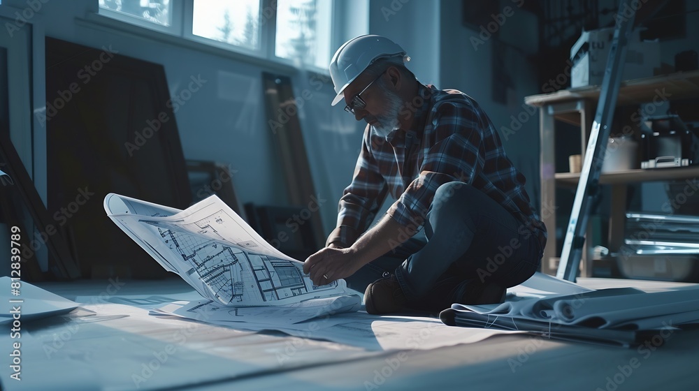 Architect builder studying layout plan of the rooms while sitting on ...