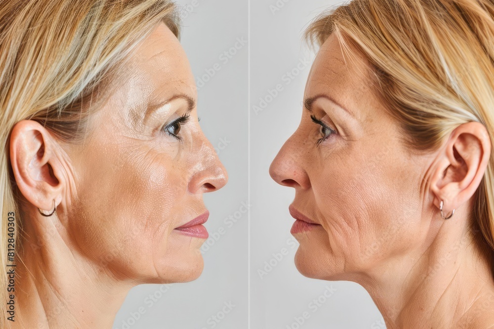 A mature woman face before and after a facelift procedure highlighting ...