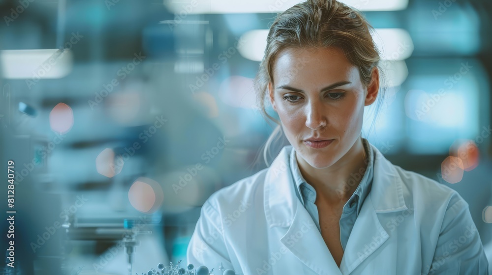Nanotech engineer in a lab coat examining nanoparticles in front view ...