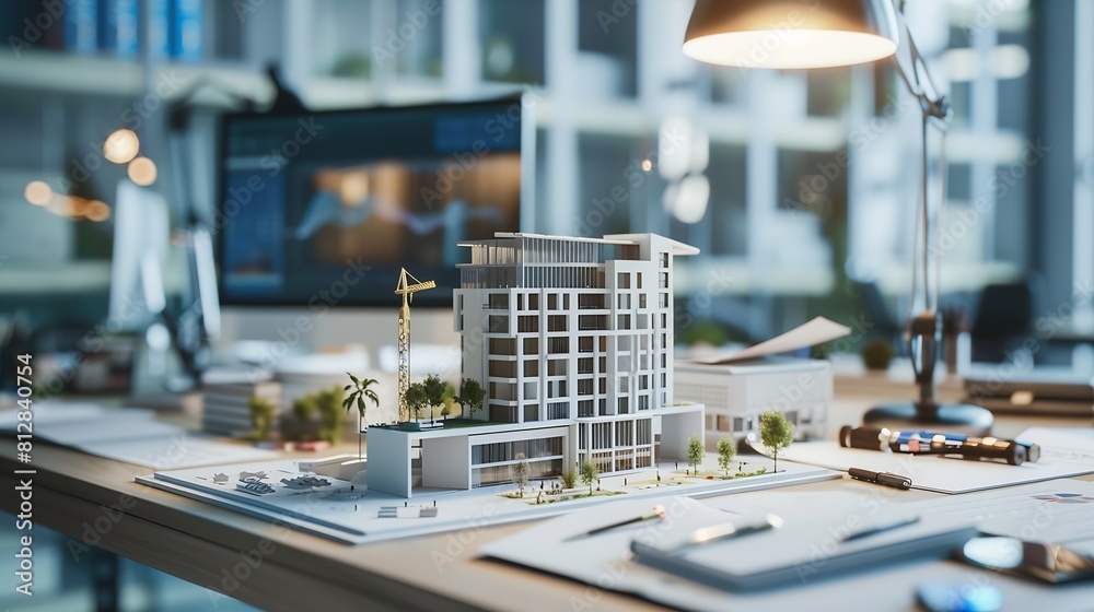 Empty office with building model and tools to design construction ...