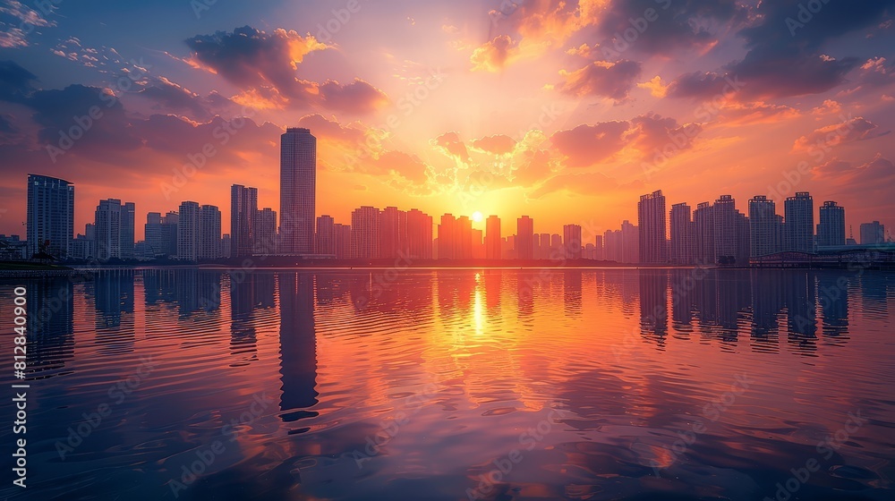 Sunset cityscape in a side view, reflecting the peaceful end of a day ...