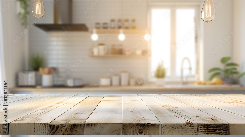 Wood table with blur kitchen room background For montage product ...