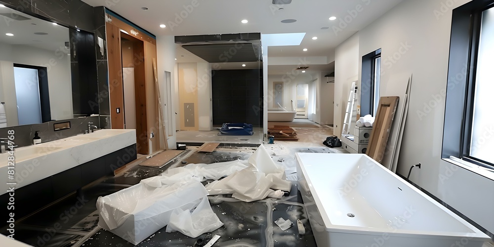 Renovating bathroom with new bathtub sinks and plumbing in progress ...