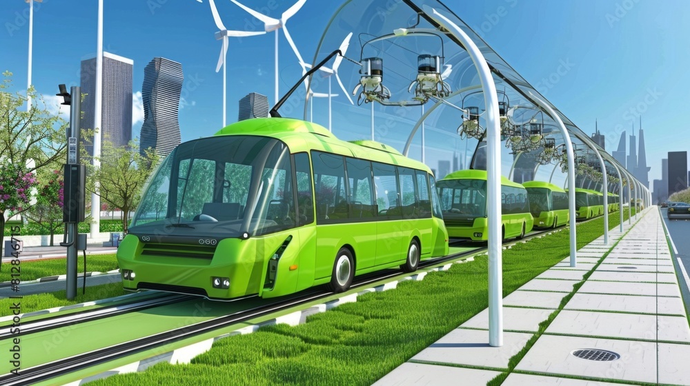 Illustrate a series of vehicles powered by clean energy sources such as ...