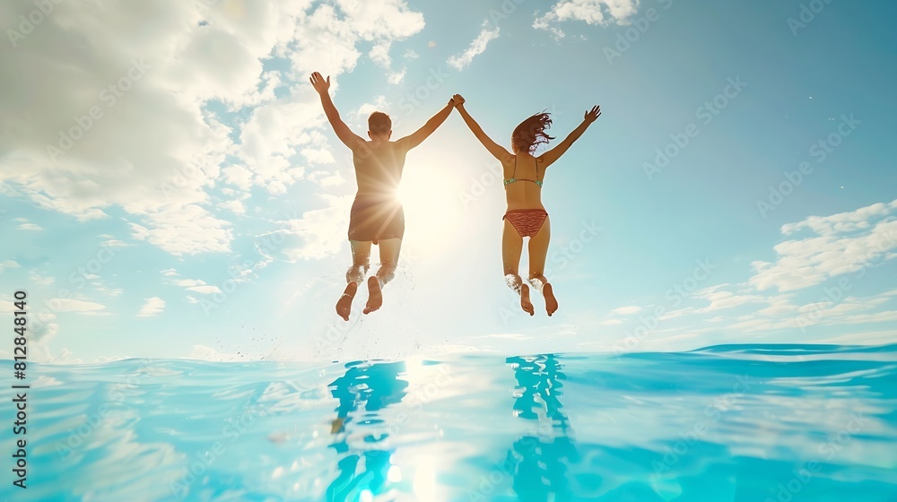 Happy couple having fun on summer vacation People jumping in swimming ...