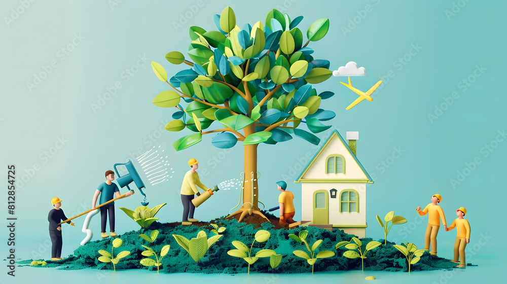 infographic-style image process of people helping each other planting ...