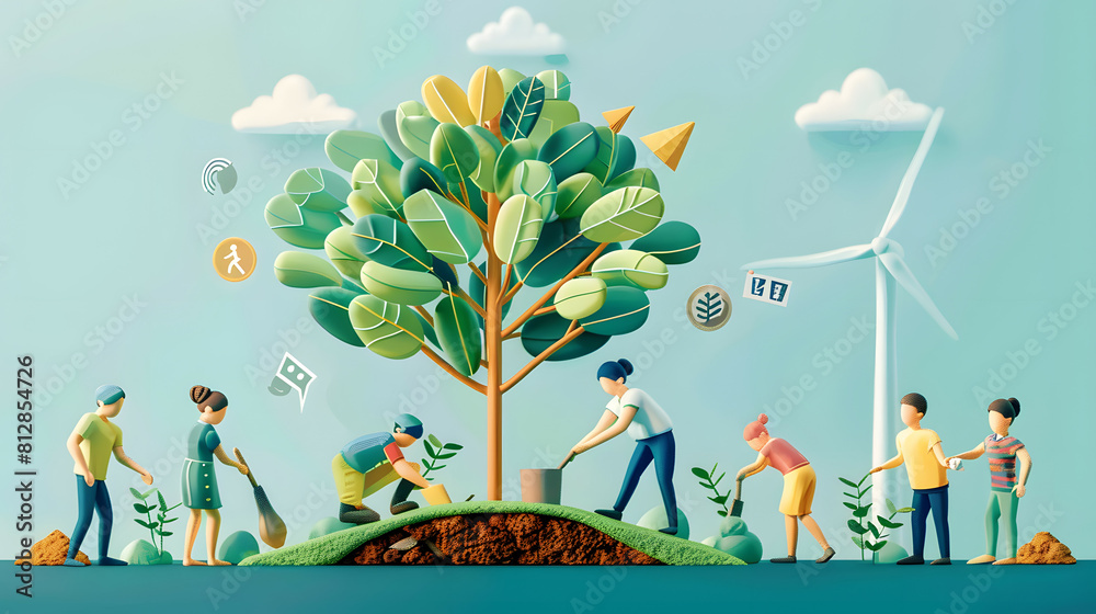 infographic-style image process of people helping each other planting ...