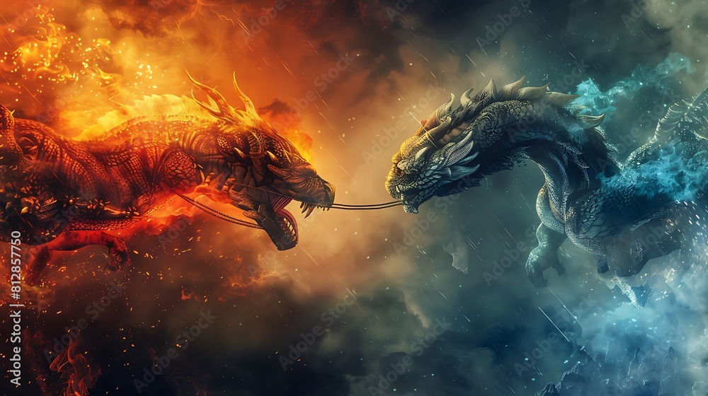 Mythical creatures from various cultures engaged in a tug-of-war ...