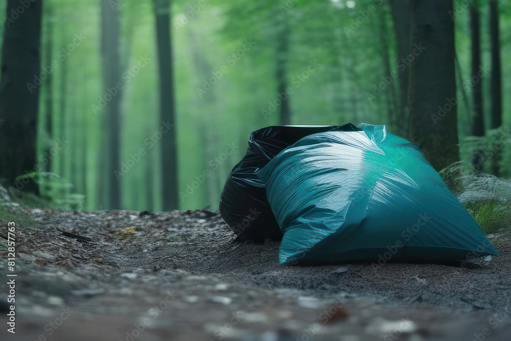 Garbage bag left in a forest path, highlighting environmental pollution ...