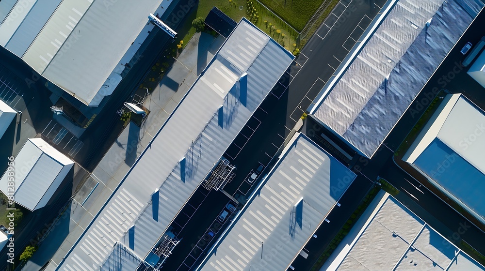 Aerial view of factory roof sheds revealing the architectural layout ...