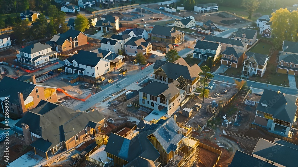 View from above of densely built residential houses under construction ...