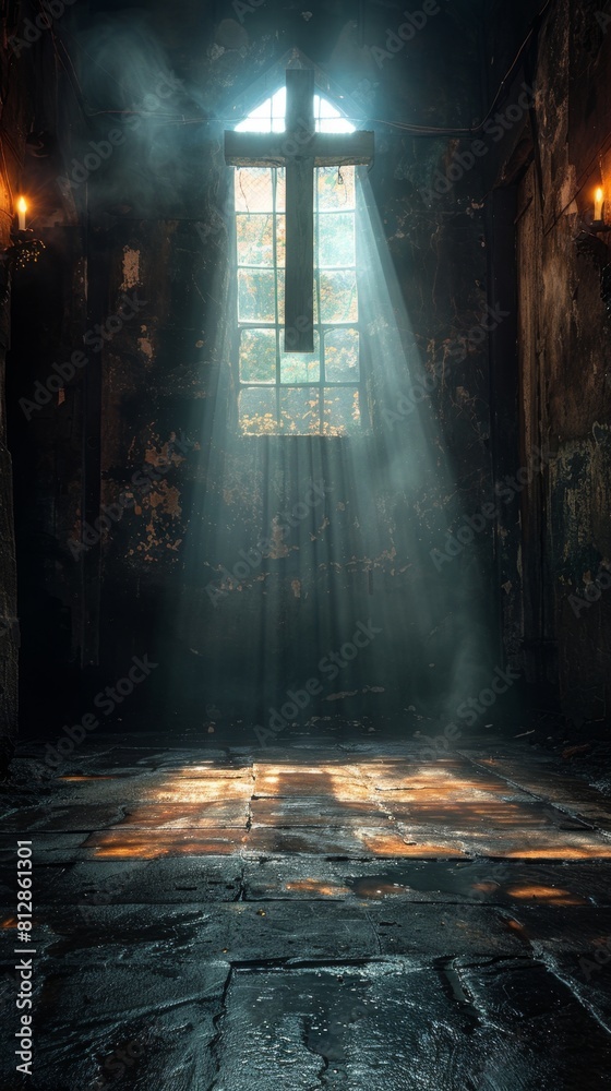 In the darkness, a beam of overhead light hits the floor, forming a ...