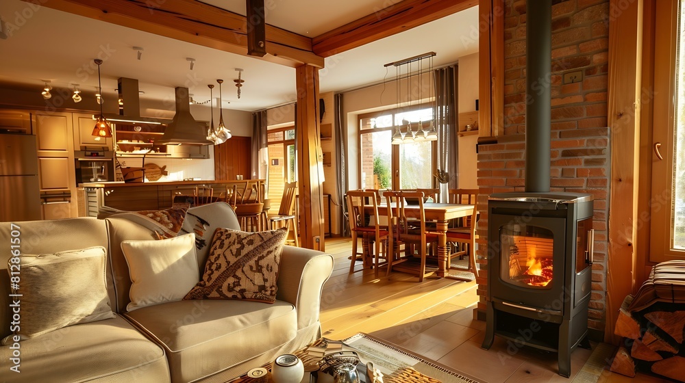 cozy warm home interior of a chic country house with an open plan wood ...