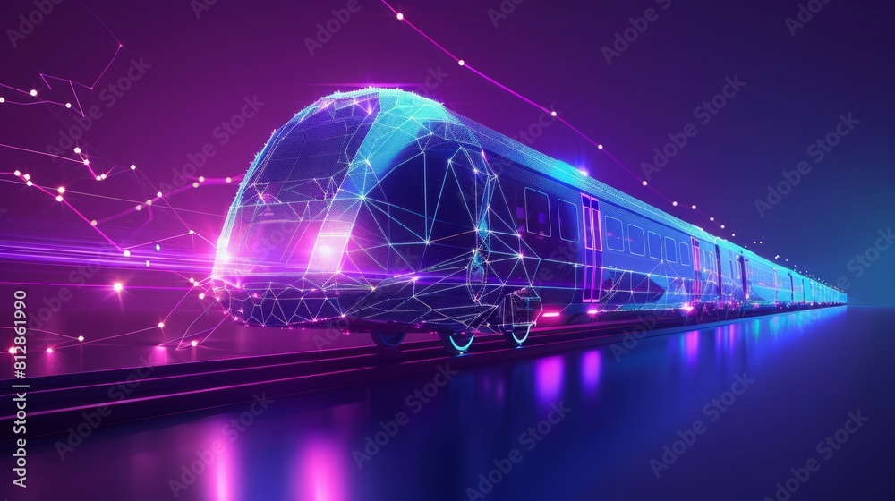 Digital low poly wireframe. futuristic high-speed train. Future logistics modern technology ...