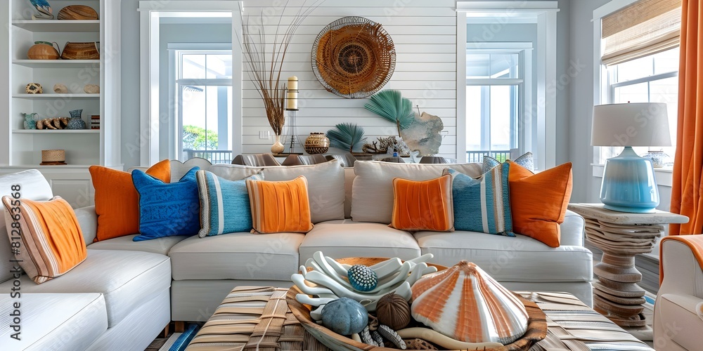 Coastal living room with shiplap accent wall showcasing vintage beach ...