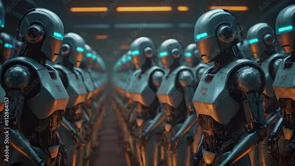 Combat robots in military metal armor. Futuristic cyborg security guard ...