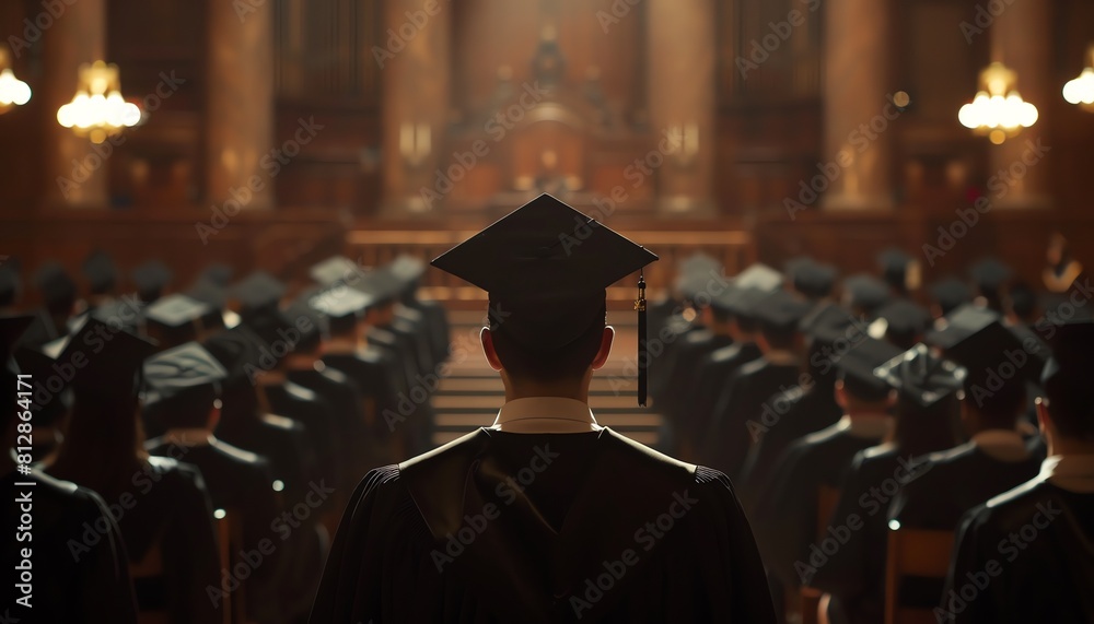 Graduates in gowns and mortarboards face the podium, seen from behind ...