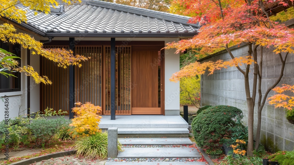 Main entrance door. Japanese, minimalist style exterior of cottage in ...