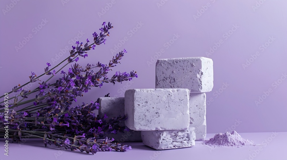 Front view of bunch of blooming lavender with gray blocks of stone ...