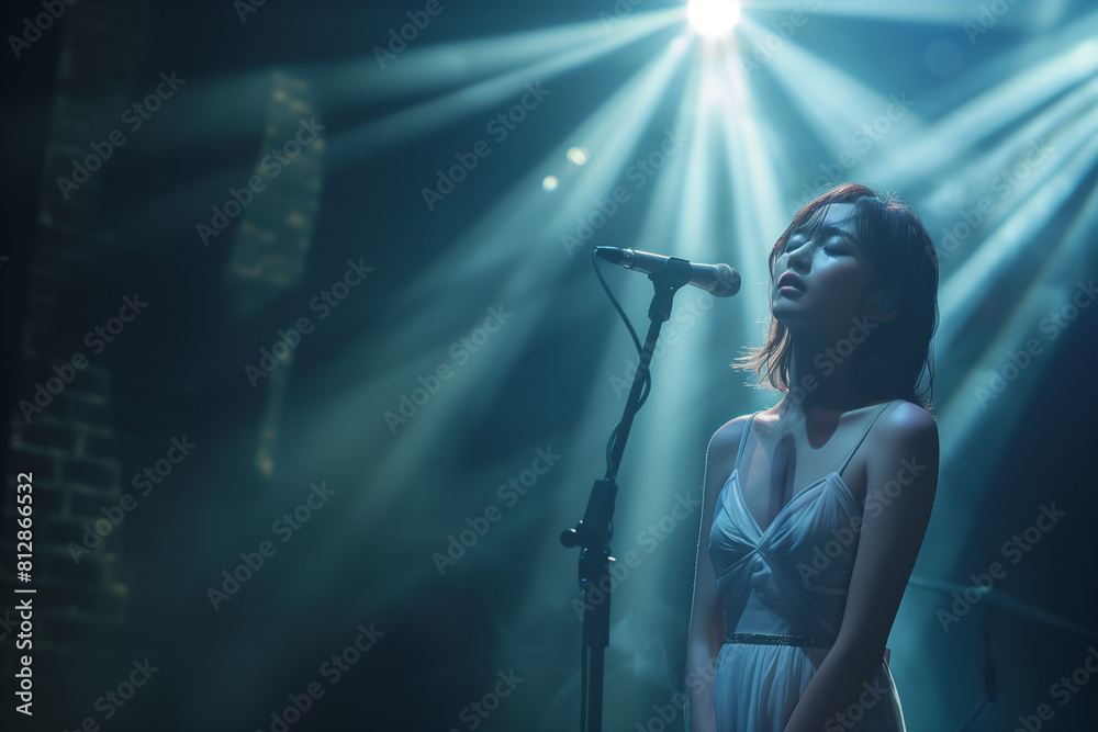 Gorgeous young Japanese female singer on stage, spotlight accentuating ...