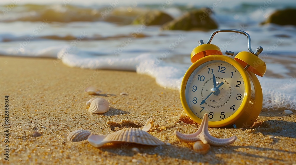 Yellow alarm clock on summer sand sea beach with waves and seashells at ...