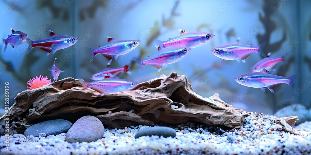 Cardinal Tetra Fish Swimming in Group Among Driftwood and Stones in ...