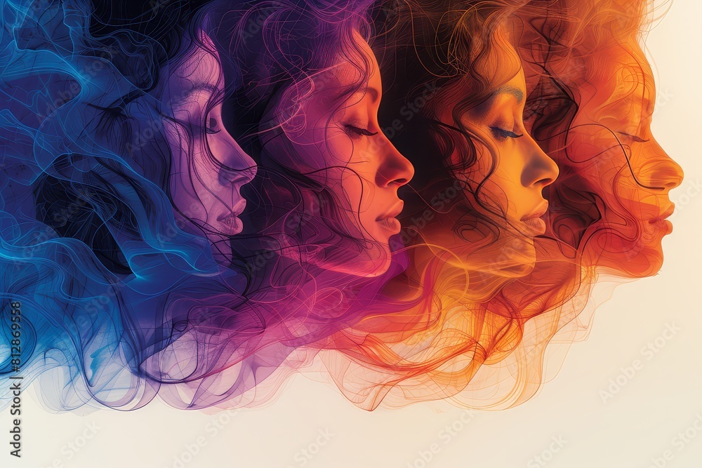 Abstract colorful shapes representing women's faces in profile, in an ...